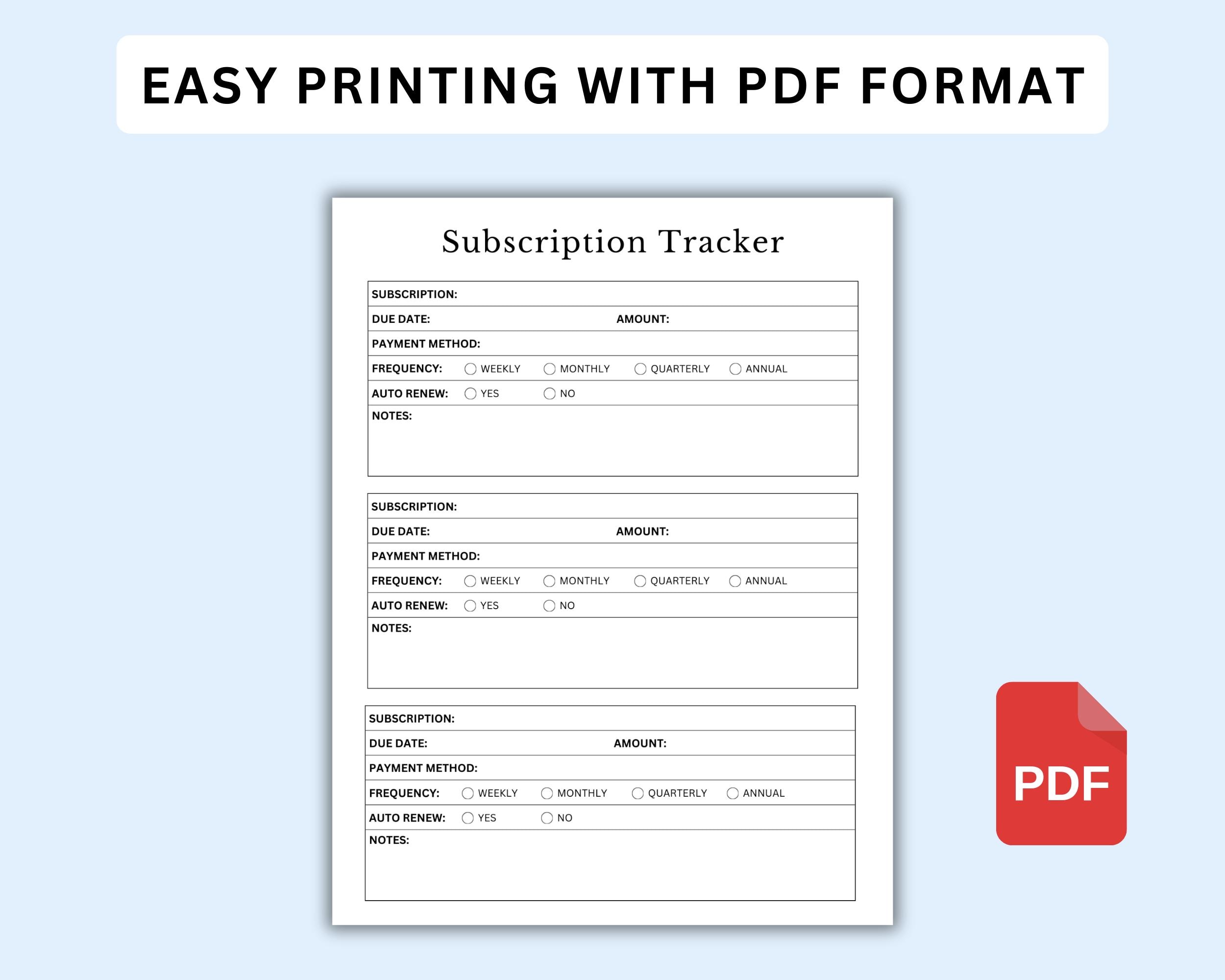 Subscription Tracker Printable | Digital Budget Planner Insert | Bill ...