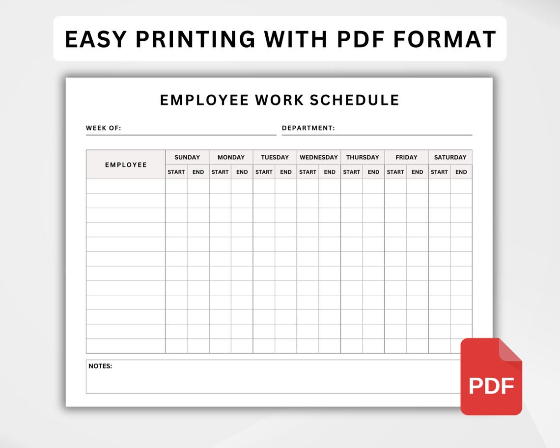 Weekly Employee Schedule Template, Printable Staff Timesheet, Weekly ...