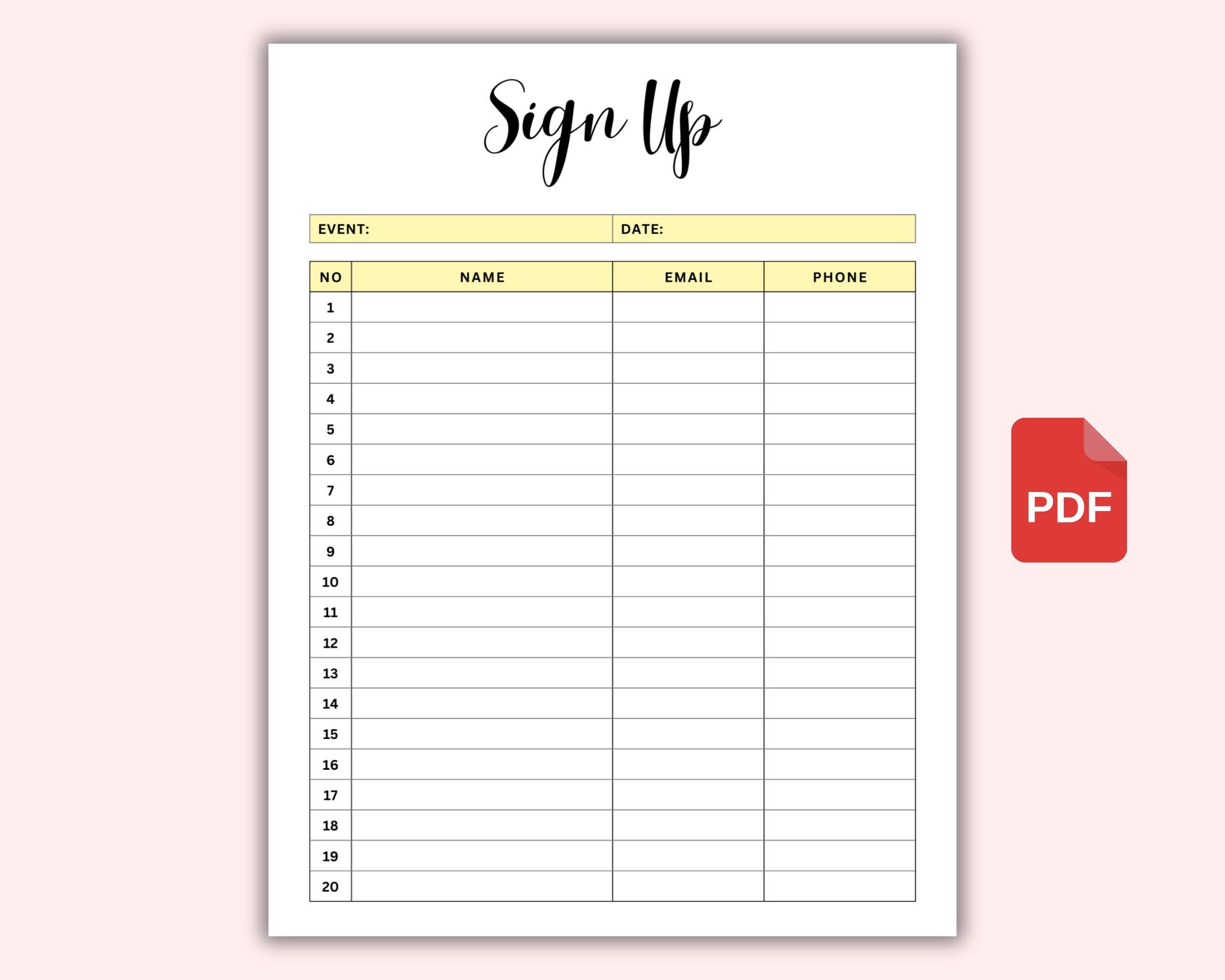 Sign up Sheet Template Printable. Event Sign up Sheet. Sign up Form ...