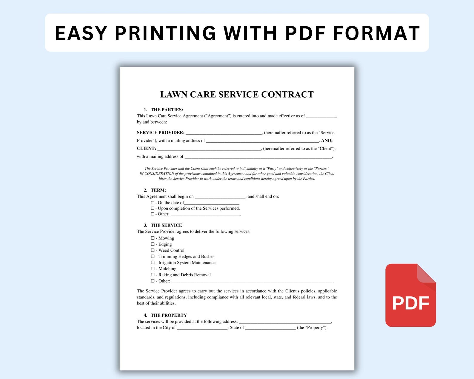 Printable Lawn Care Agreement Template. Service Contract. Garden Care ...