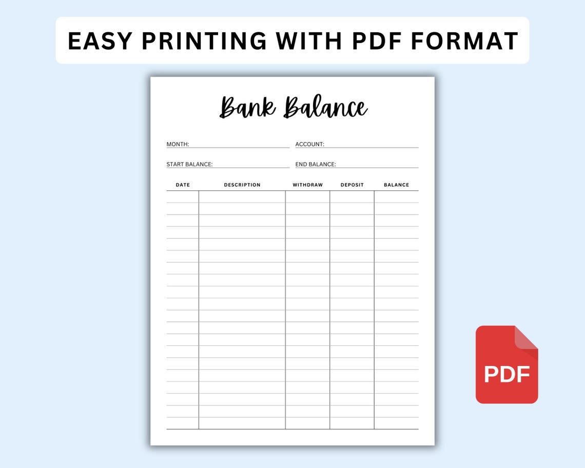 Printable Bank Balance. Bank Account Log. Savings Sheet. Banking Record ...