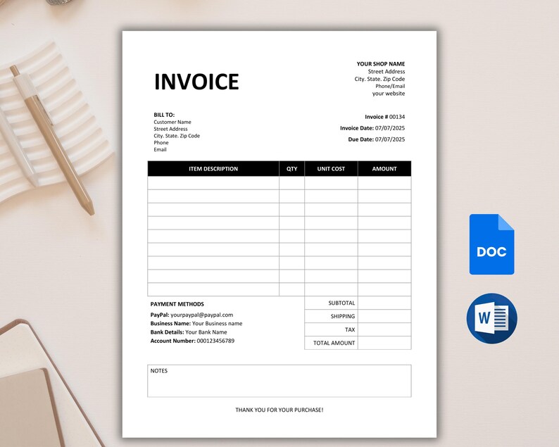 Editable Blank Invoice Template. Printable Invoice Form. Professional ...