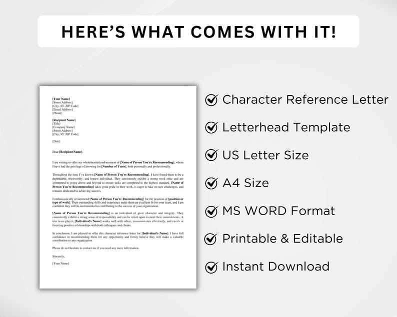 Editable Character Reference Letter Template, Professional Character ...