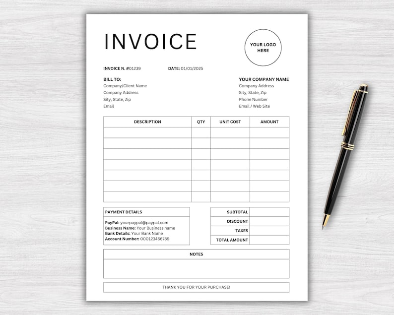 Editable Invoice Template for Small Business, Printable Billing ...