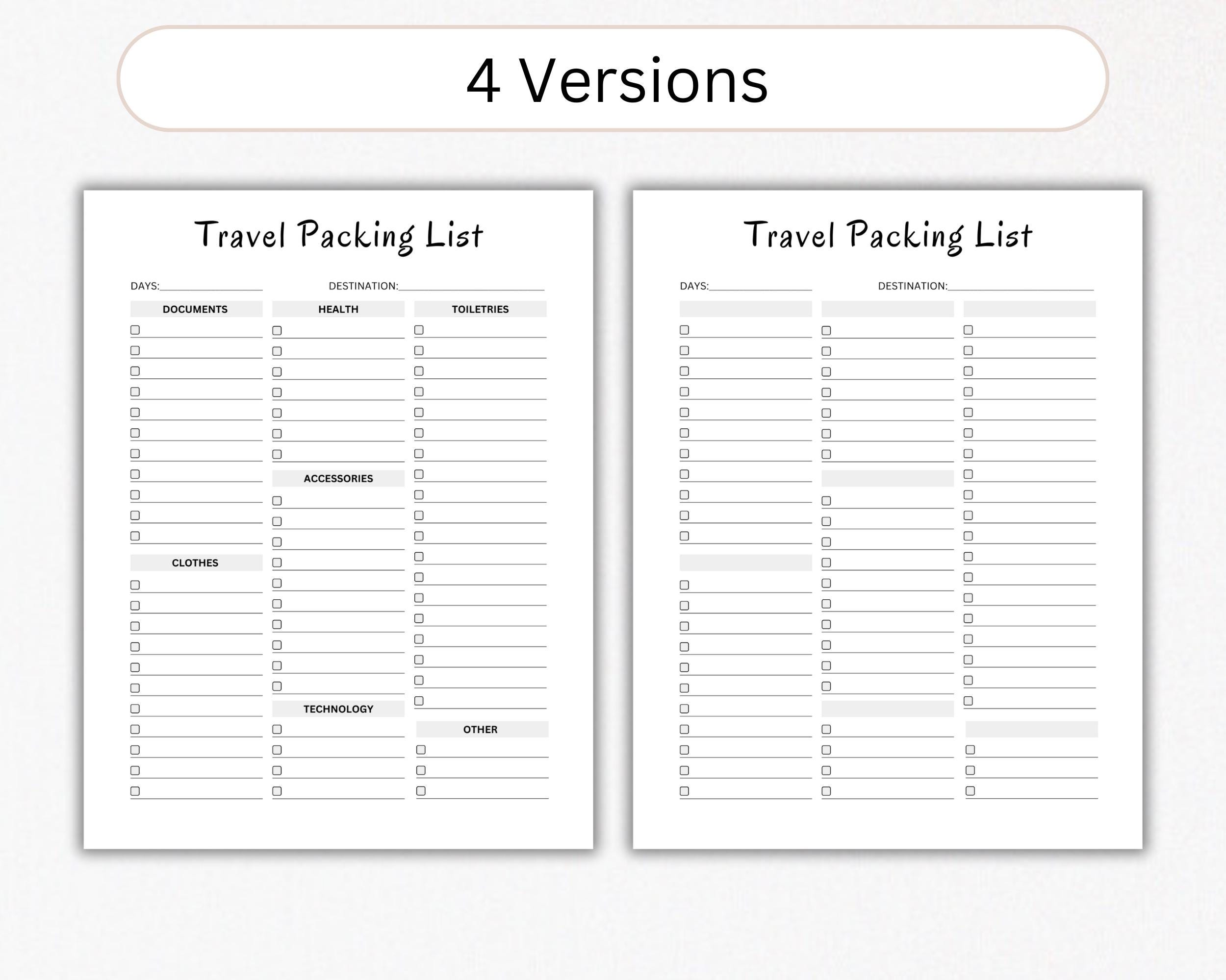 Travel Packing List, Printable, Editable, Travel Vacation Planner ...