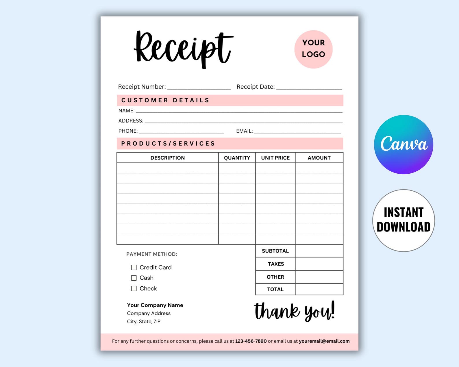 Receipt Template Printable, Billing Template, Small Business Digital ...