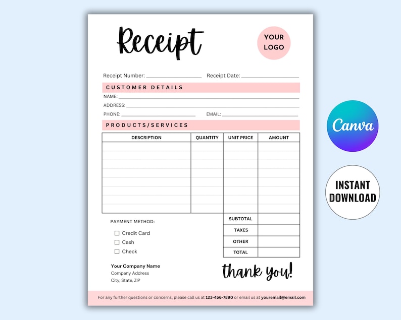 Receipt Template Printable, Billing Template, Small Business Digital ...