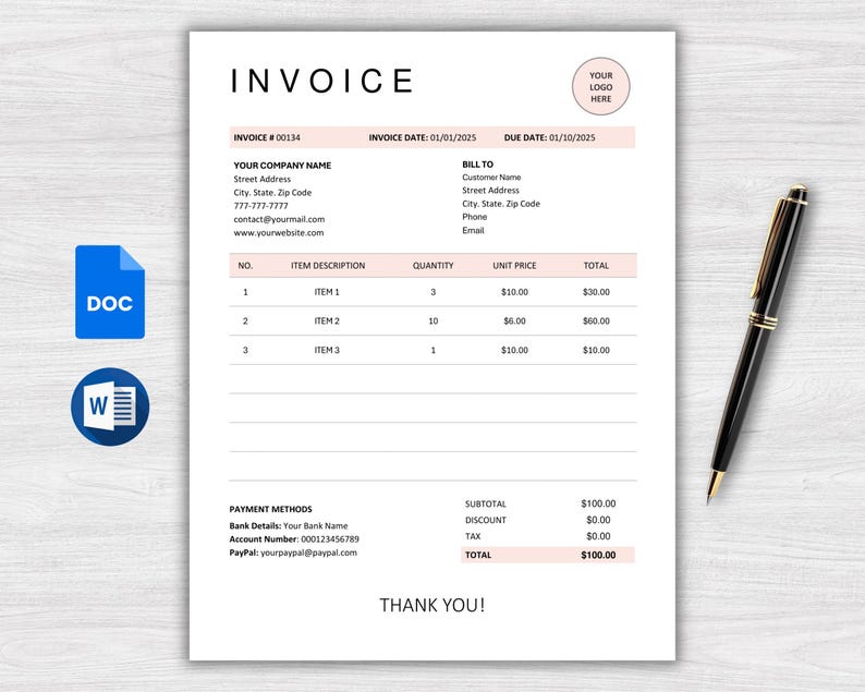 Editable Invoice Template. Small Business Billing Form. Printable ...