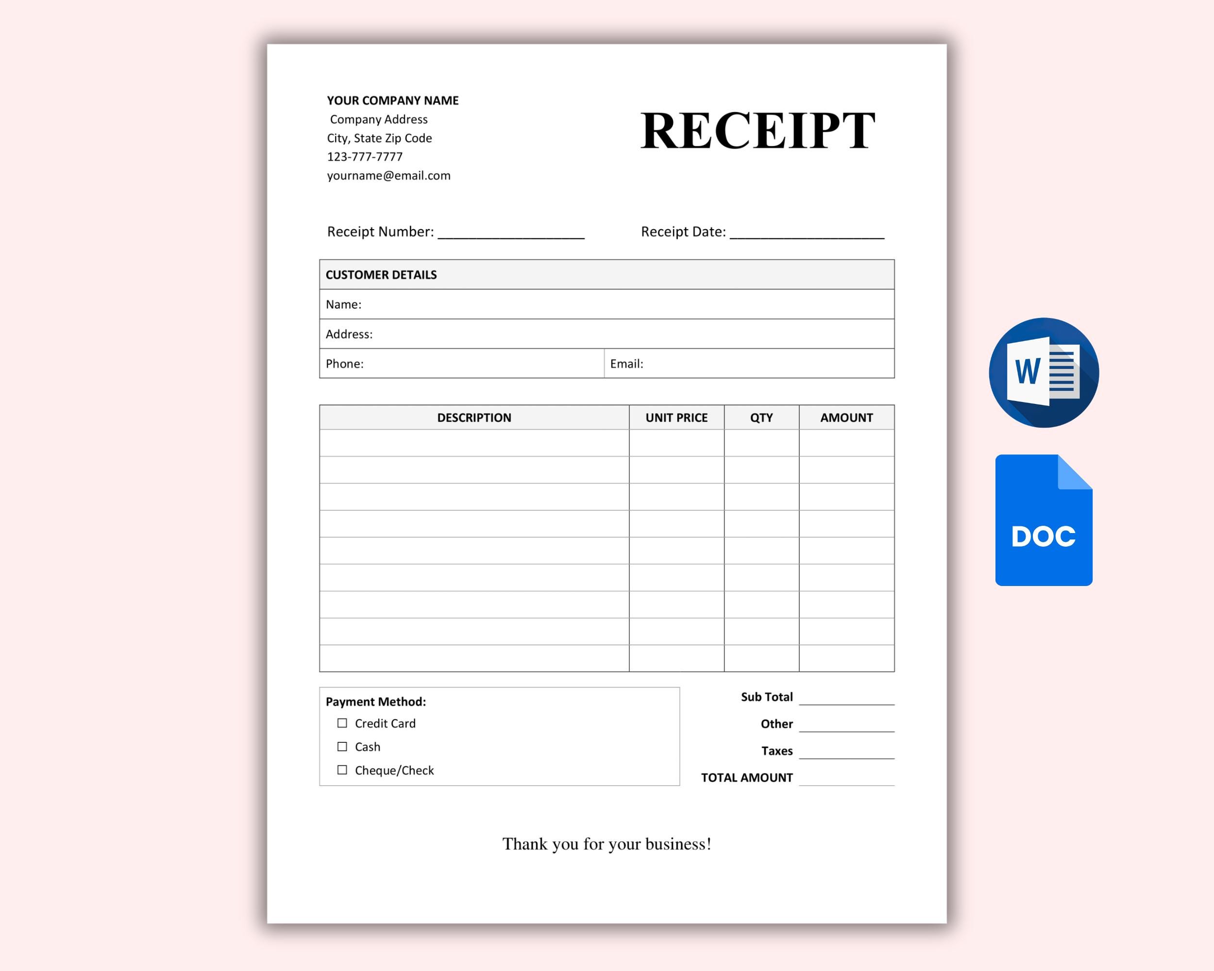Receipt Template Editable, Printable Sales Receipt Form, Payment ...