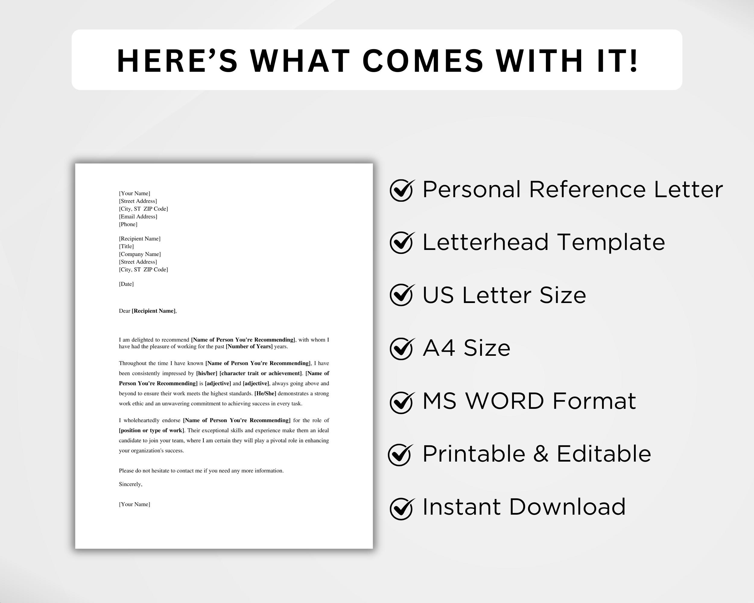 Printable Personal Reference Letter Template. Professional Reference ...