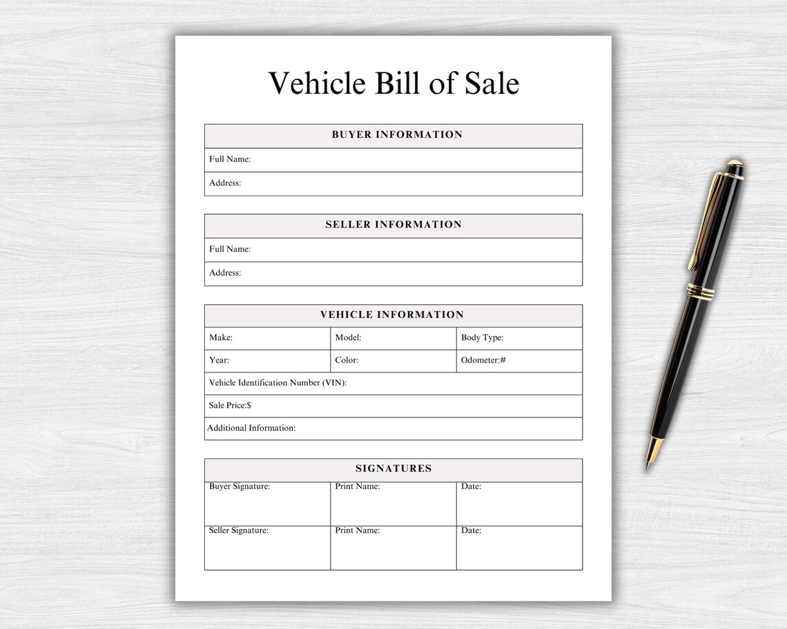 Printable Vehicle Bill of Sale. Car Sale Form. Bill of Sale Agreement ...