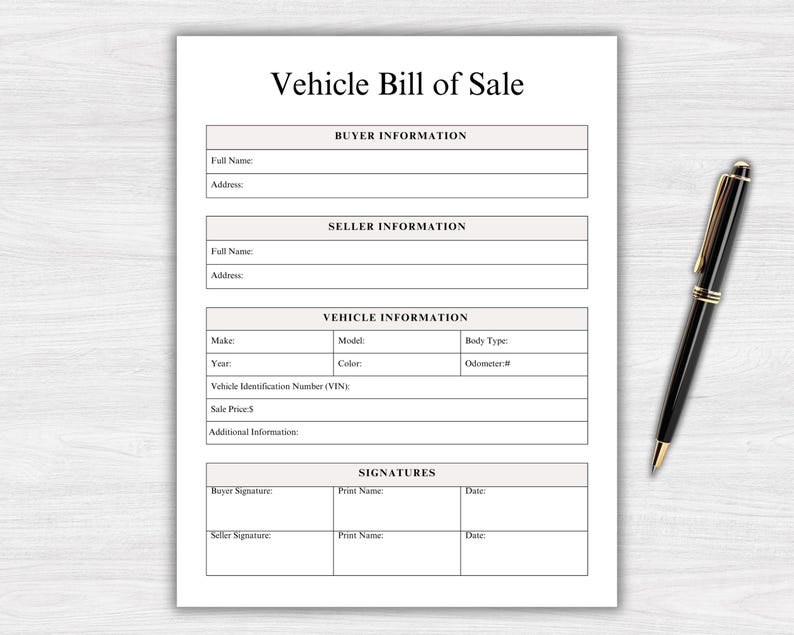Printable Vehicle Bill of Sale. Car Sale Form. Bill of Sale Agreement ...