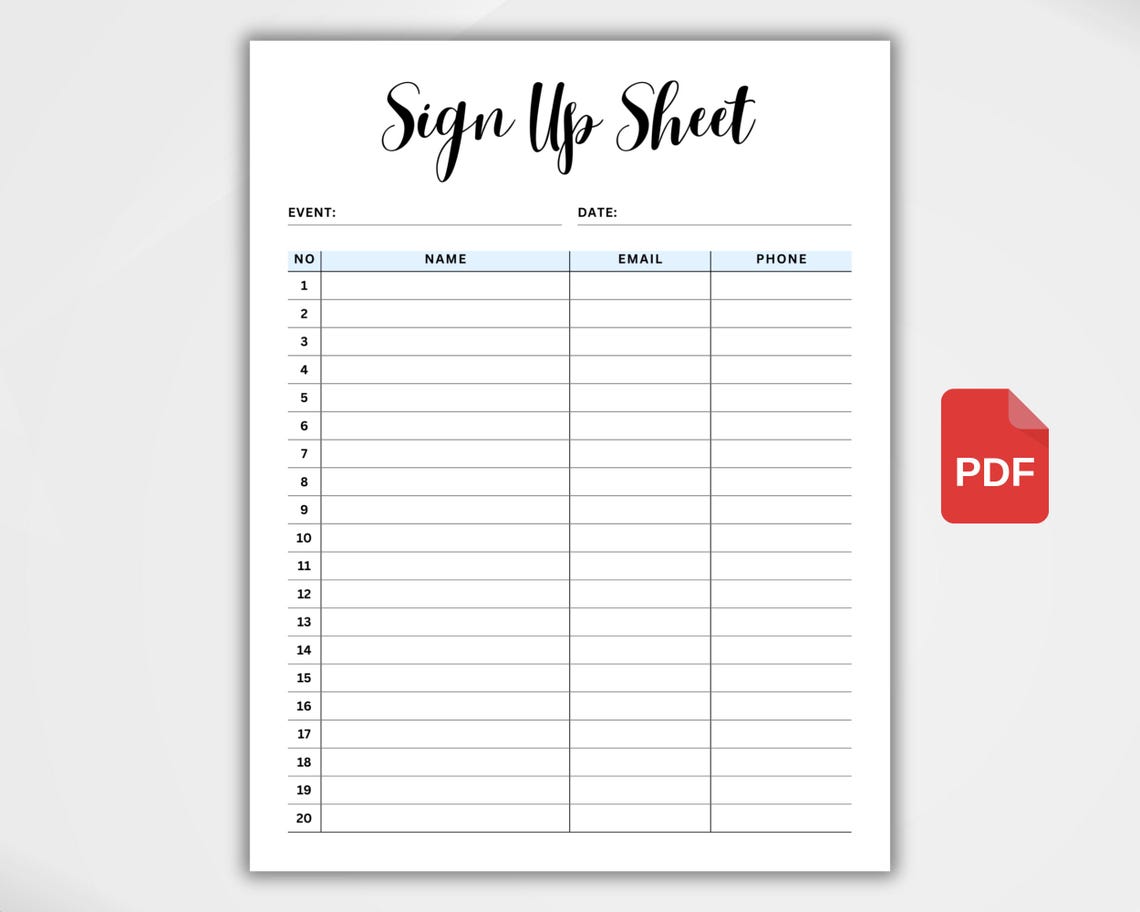 Event Sign up Sheet Template Printable, Sign up Form, Sign up List ...