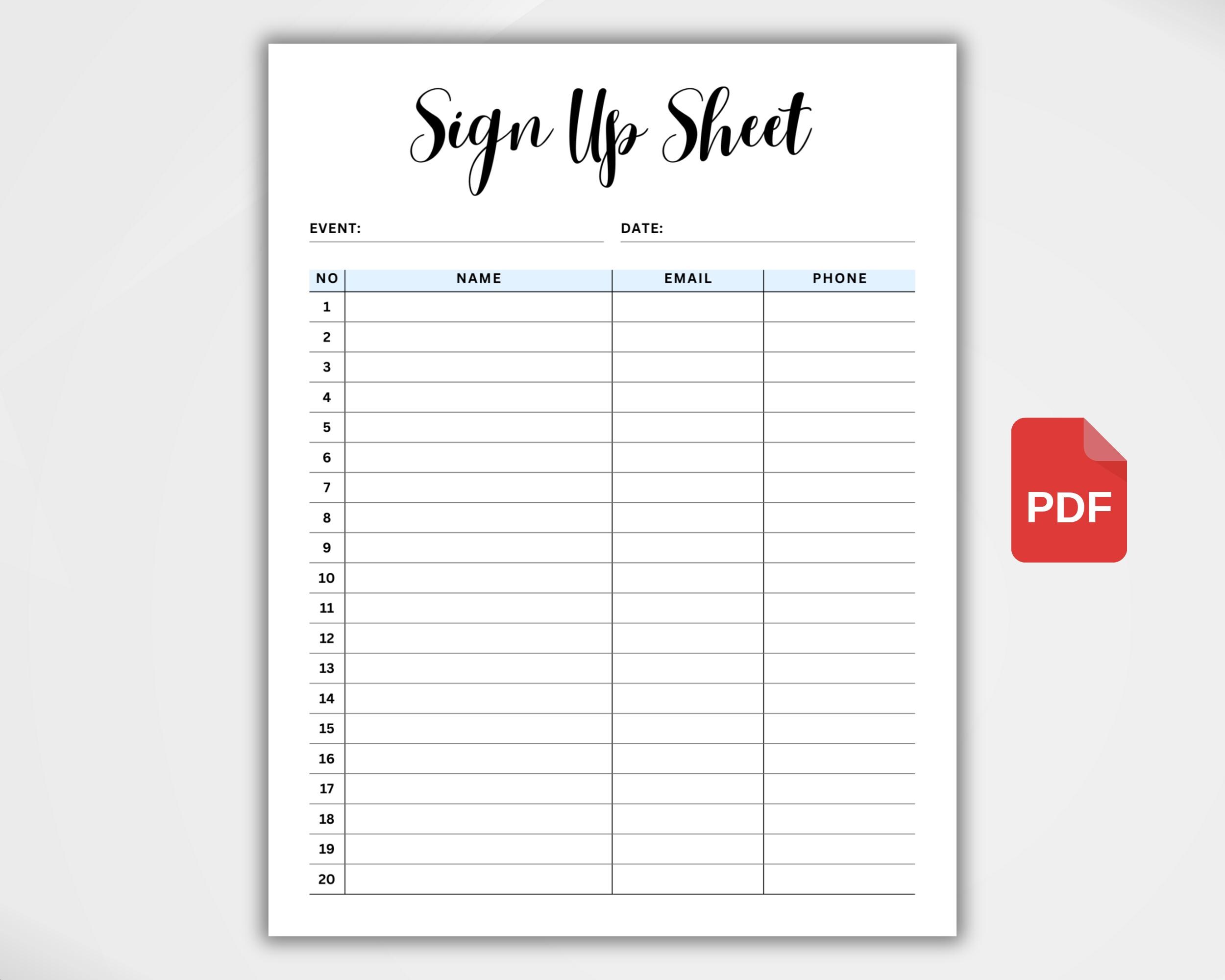 Event Sign up Sheet Template Printable, Sign up Form, Sign up List ...
