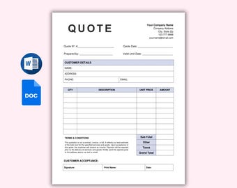 Printable Quote Template. Quote Form. Job Proposal. Price Estimate for ...