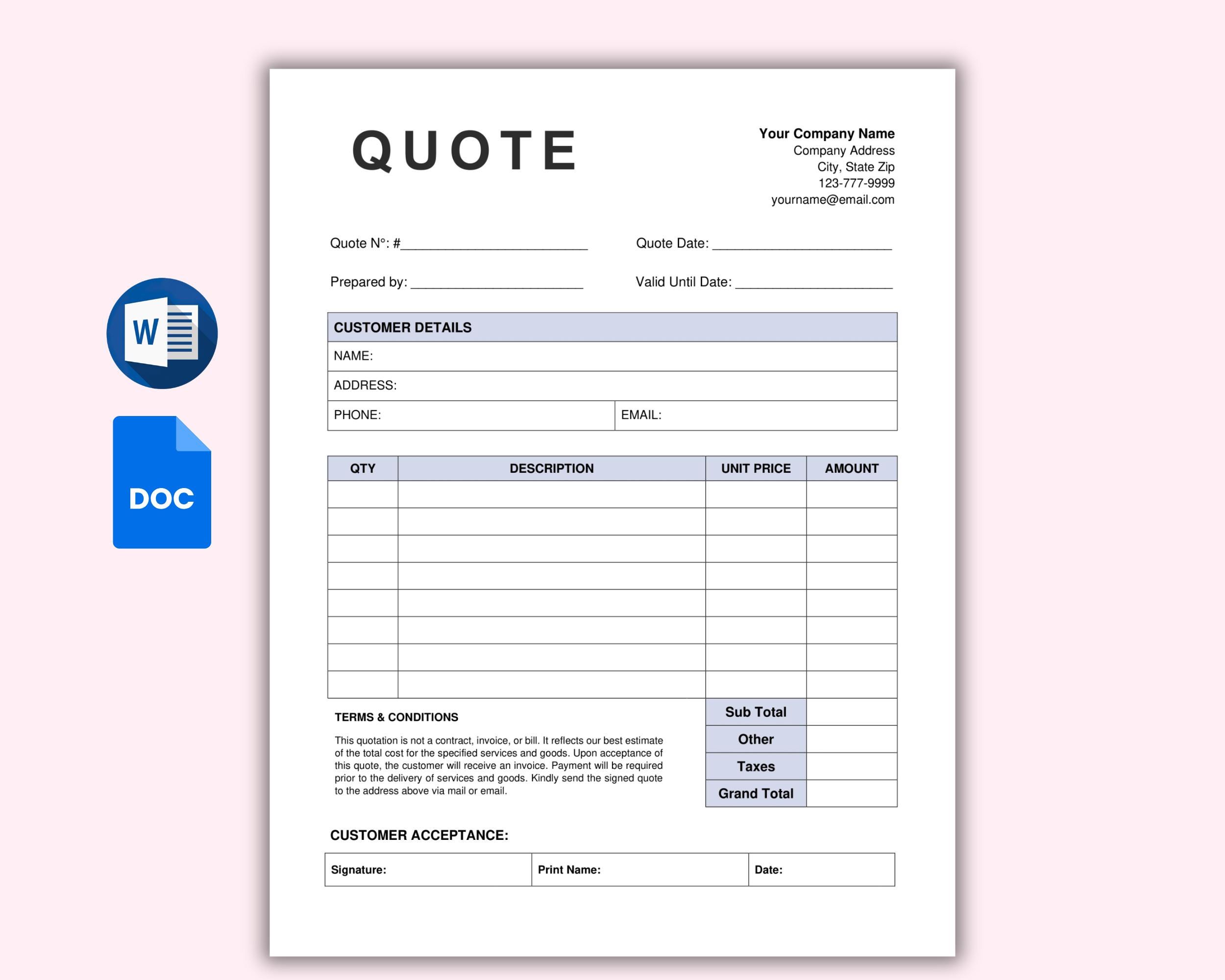 Editable Quote Template. Printable Quote Form. Job Quote Proposal ...