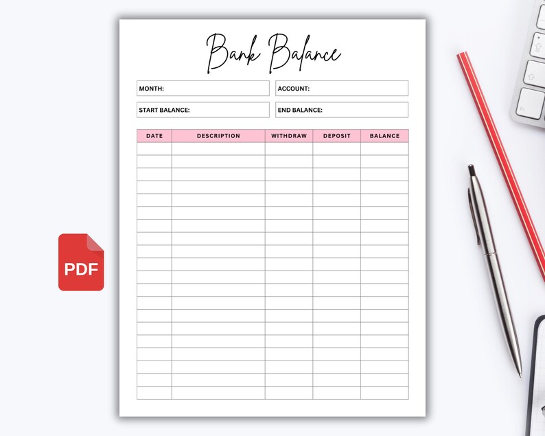 PRINTABLE Bank Balance PDF. Bank Account Log. Balance Sheet. Savings ...