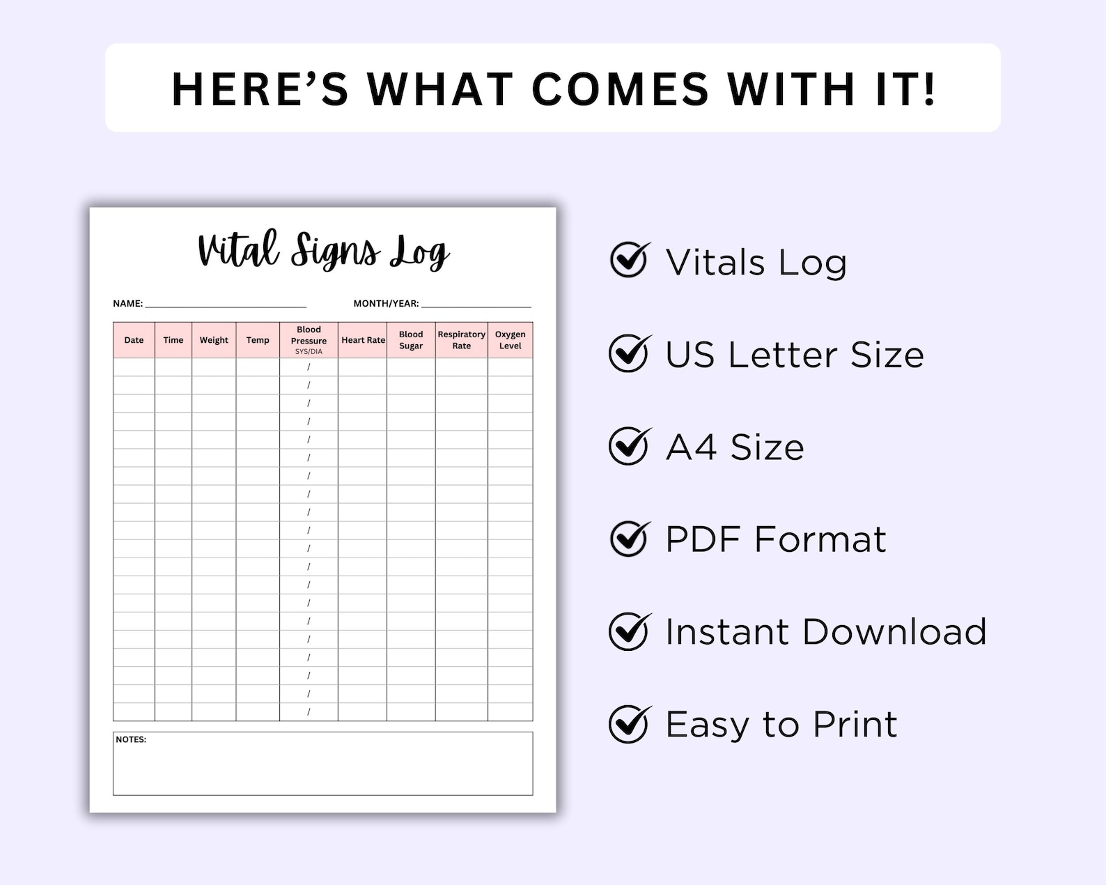 Vital Signs Log. Printable Vital Sign Chart. Nursing Vitals Sheet ...