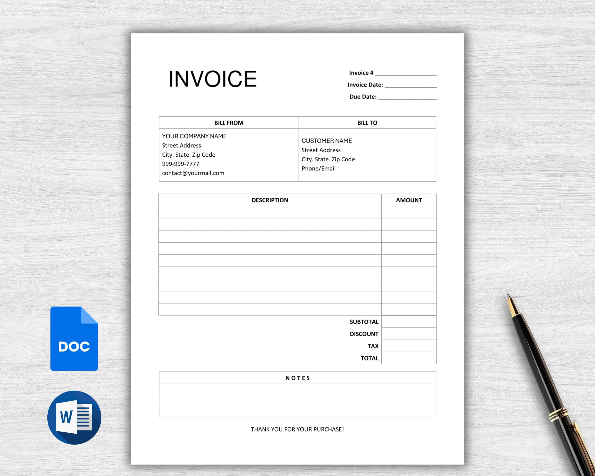 Editable Invoice Template. Microsoft Word Invoice Template. Blank ...