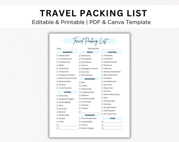 Travel Packing List Printable: Vacation Planner & Checklist (PDF ...