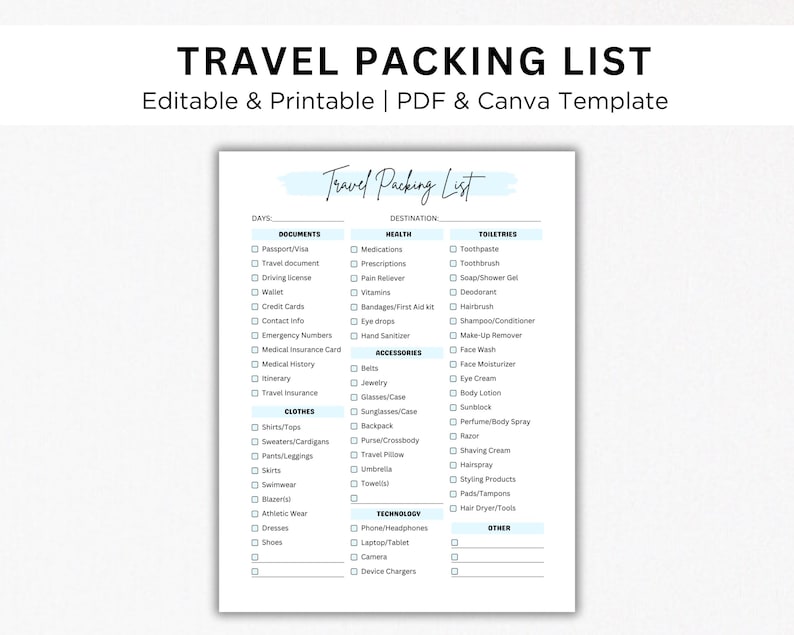 Editable Travel Packing List Canva | Printable Vacation Checklist for ...
