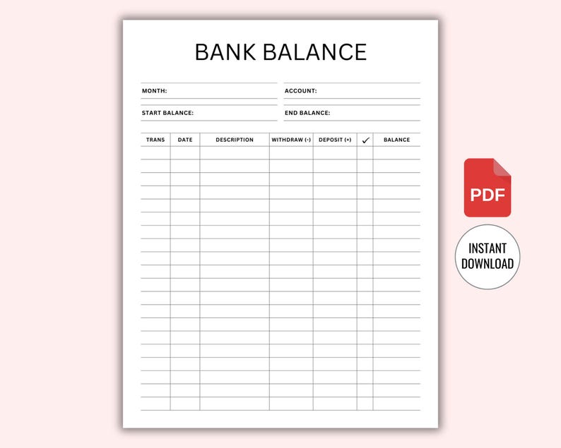Bank Balance Printable, Bank Account Log. Balance Sheet. Savings ...