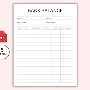 Bank Balance Tracker, Printable Finance Planner, Bank Account Log ...