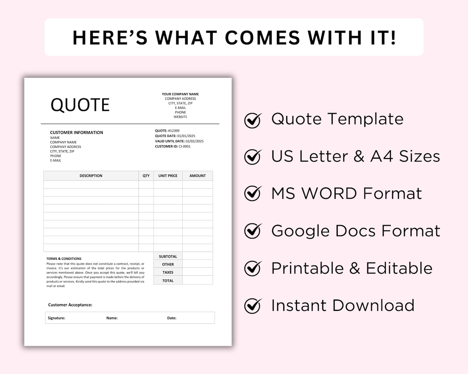 Quote Template Editable. Printable Quote Form. Job Proposal. Price ...