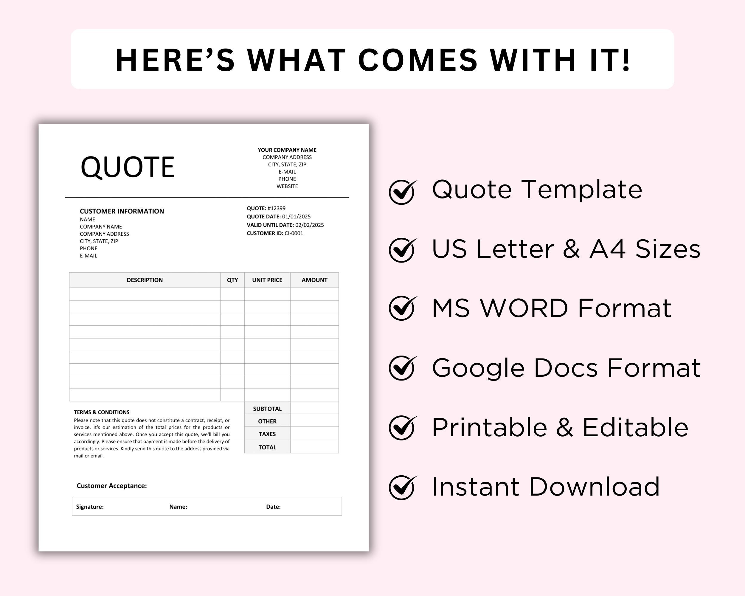 Quote Template Editable. Printable Quote Form. Job Proposal. Price ...