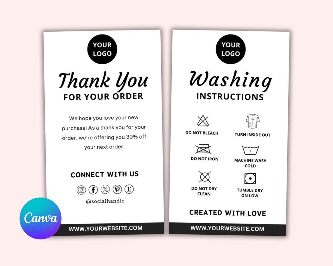 Printable Washing Instructions Card. PDF Washing Care Card. Small ...