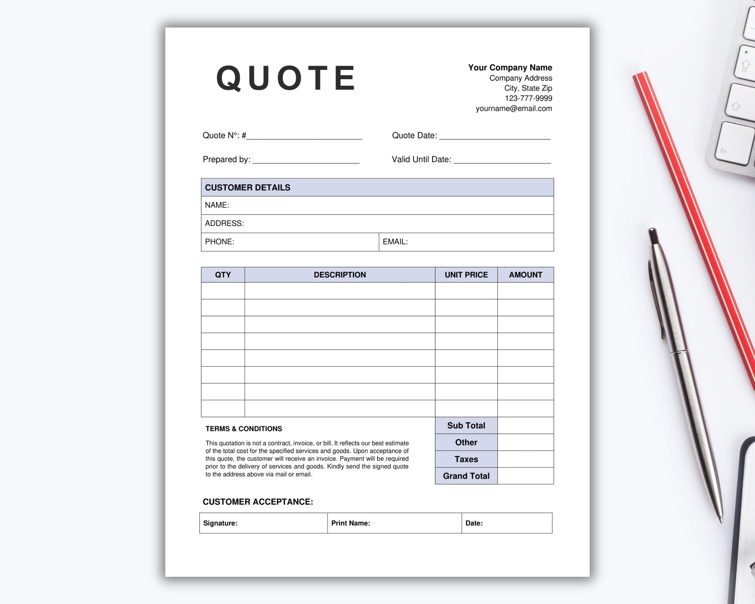 Editable Quote Template. Printable Price Quotation Form. Job Proposal ...