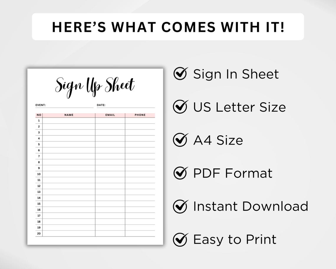 Event Sign up Sheet Template Printable, Sign up Form, Sign up List ...