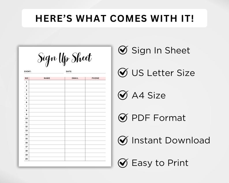 Event Sign up Sheet Template Printable, Sign up Form, Sign up List ...