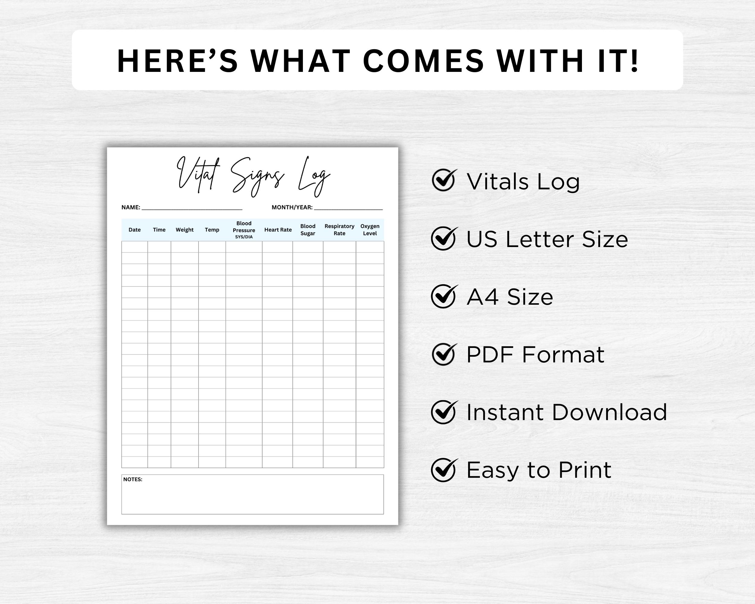 Vital Signs Log Printable | Vital Signs Tracker | Vital Signs Template ...