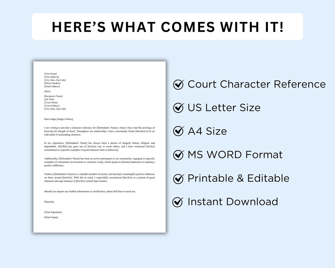 Editable Court Character Reference Letter Template, Legal Reference ...