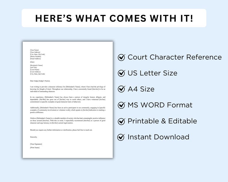 Editable Court Character Reference Letter Template | Legal Reference ...