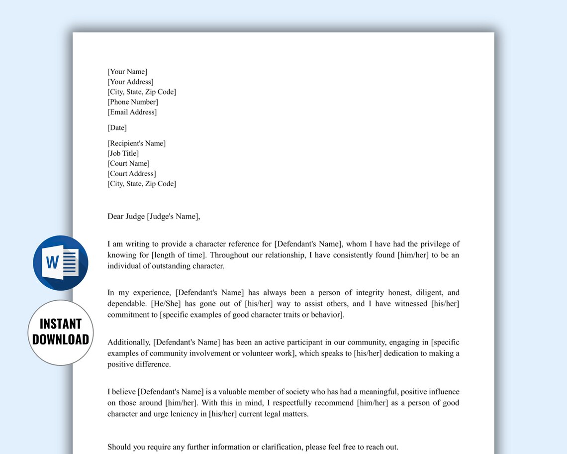 Editable Court Character Reference Letter Template, Legal Reference ...