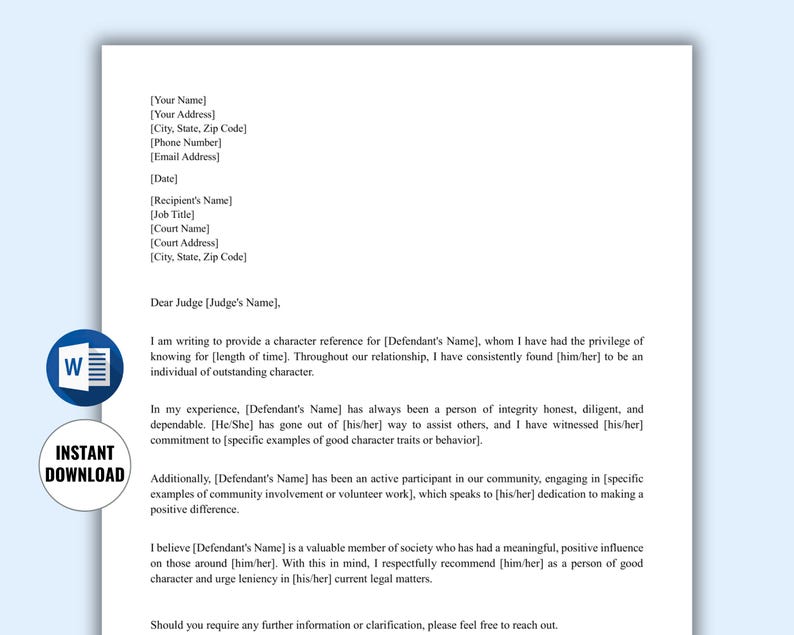 Editable Court Character Reference Letter Template | Legal Reference ...