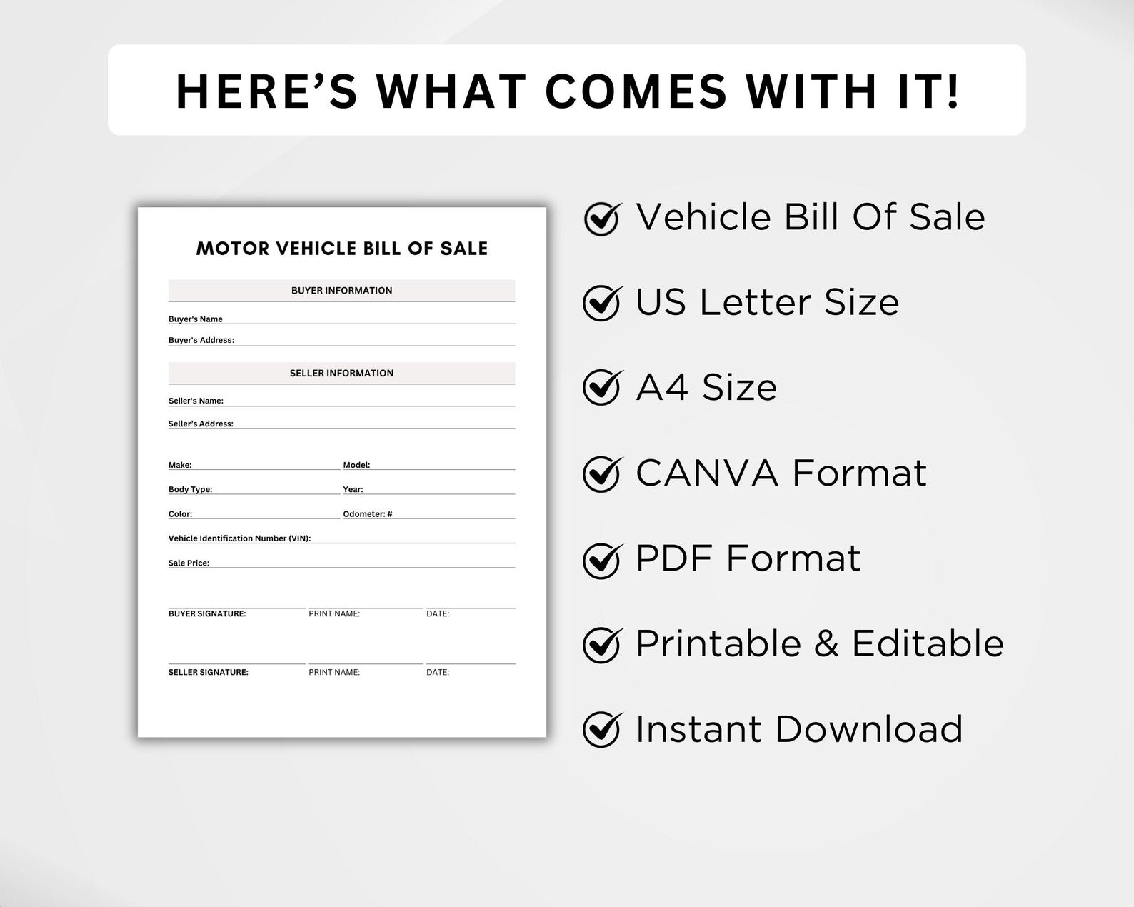 Editable Vehicle Bill of Sale PDF. Printable Motor Vehicle Sale ...