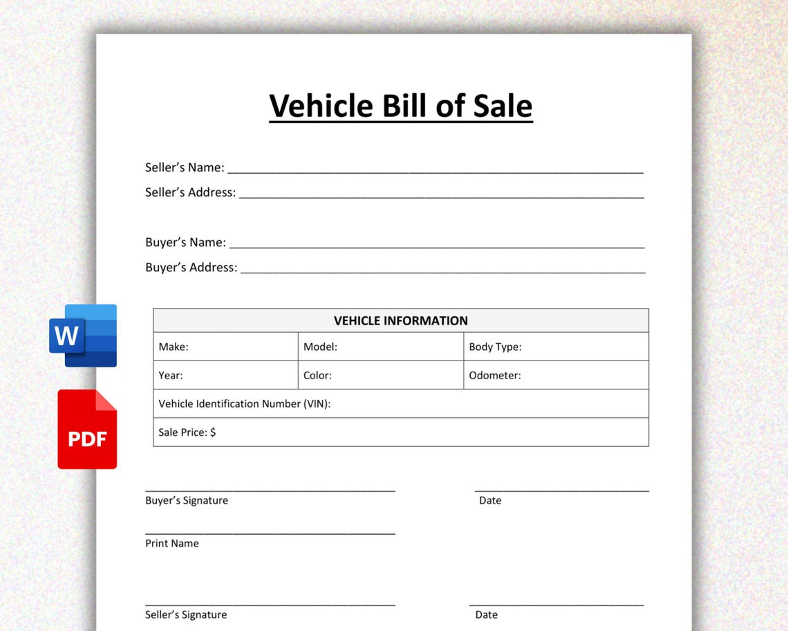 Vehicle Bill of Sale. Car Sale Form. Truck for Sale. Automotive for ...