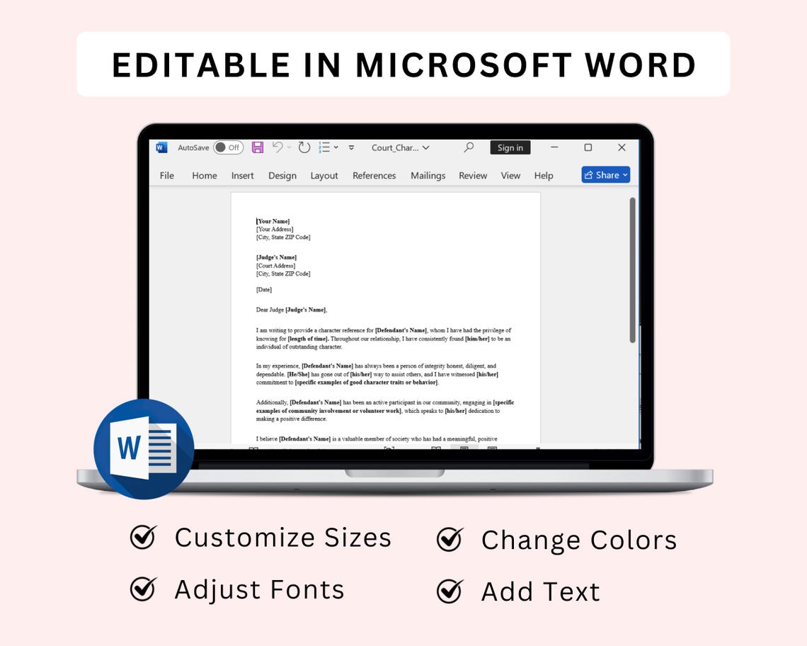 Court Character Reference Letter Template Editable | Legal Reference ...