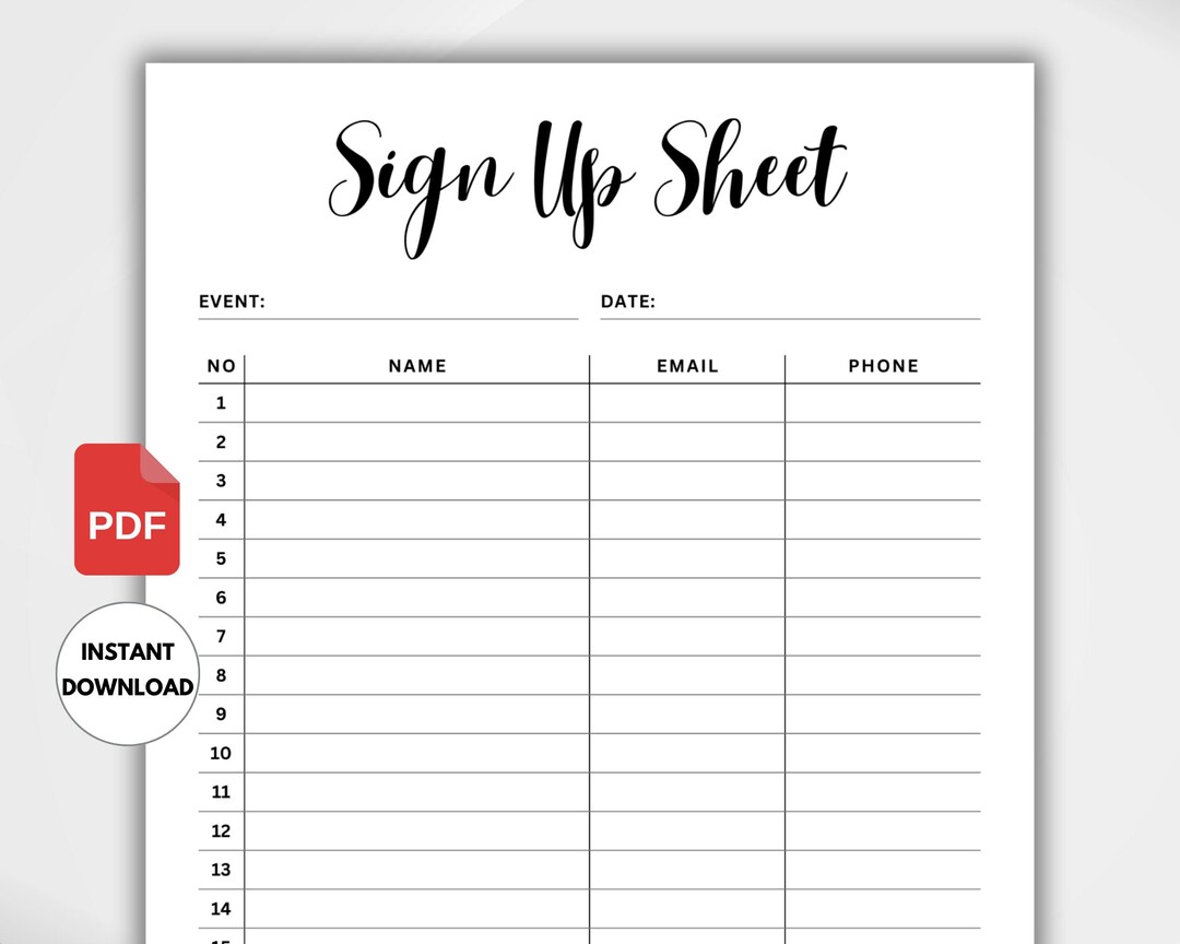 Event Sign up Sheet Template Printable, Sign up Form, Sign up List ...