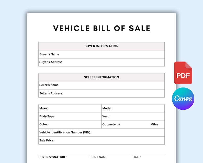 Vehicle Bill of Sale. Printable Motor Vehicle Sale Contract. Vehicle ...