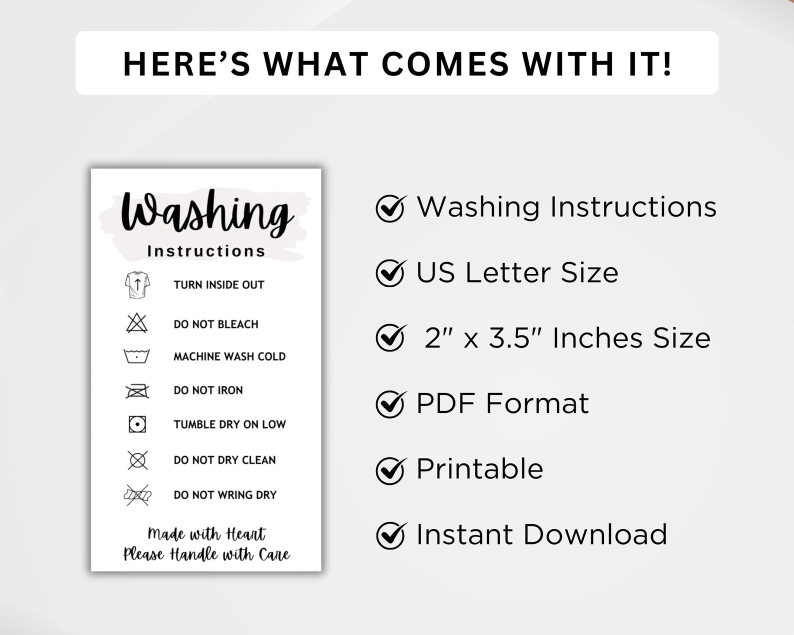 Printable Washing Instructions Card Template. Clothing Care Card. Shirt ...