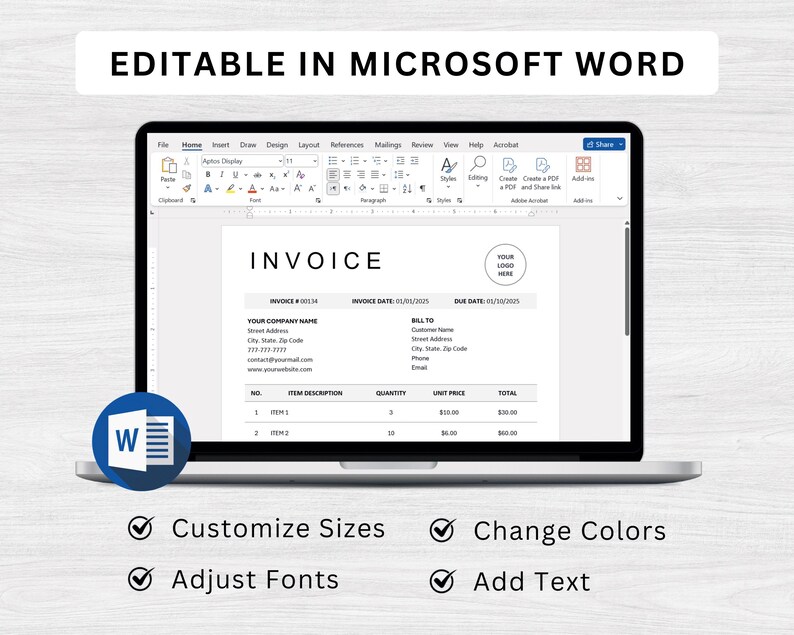 Editable Invoice Template | Business Invoice Word | Printable Billing ...