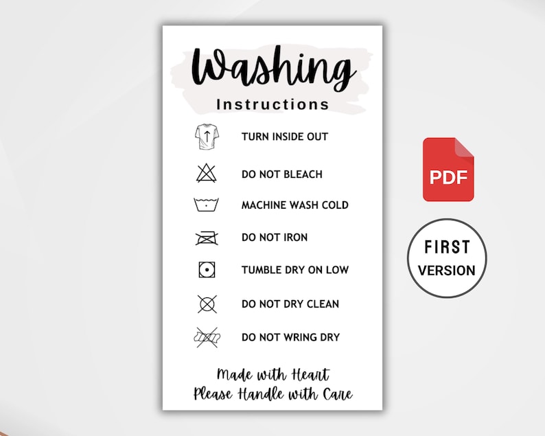 Printable Washing Instructions Card Template. Clothing Care Card. Shirt ...