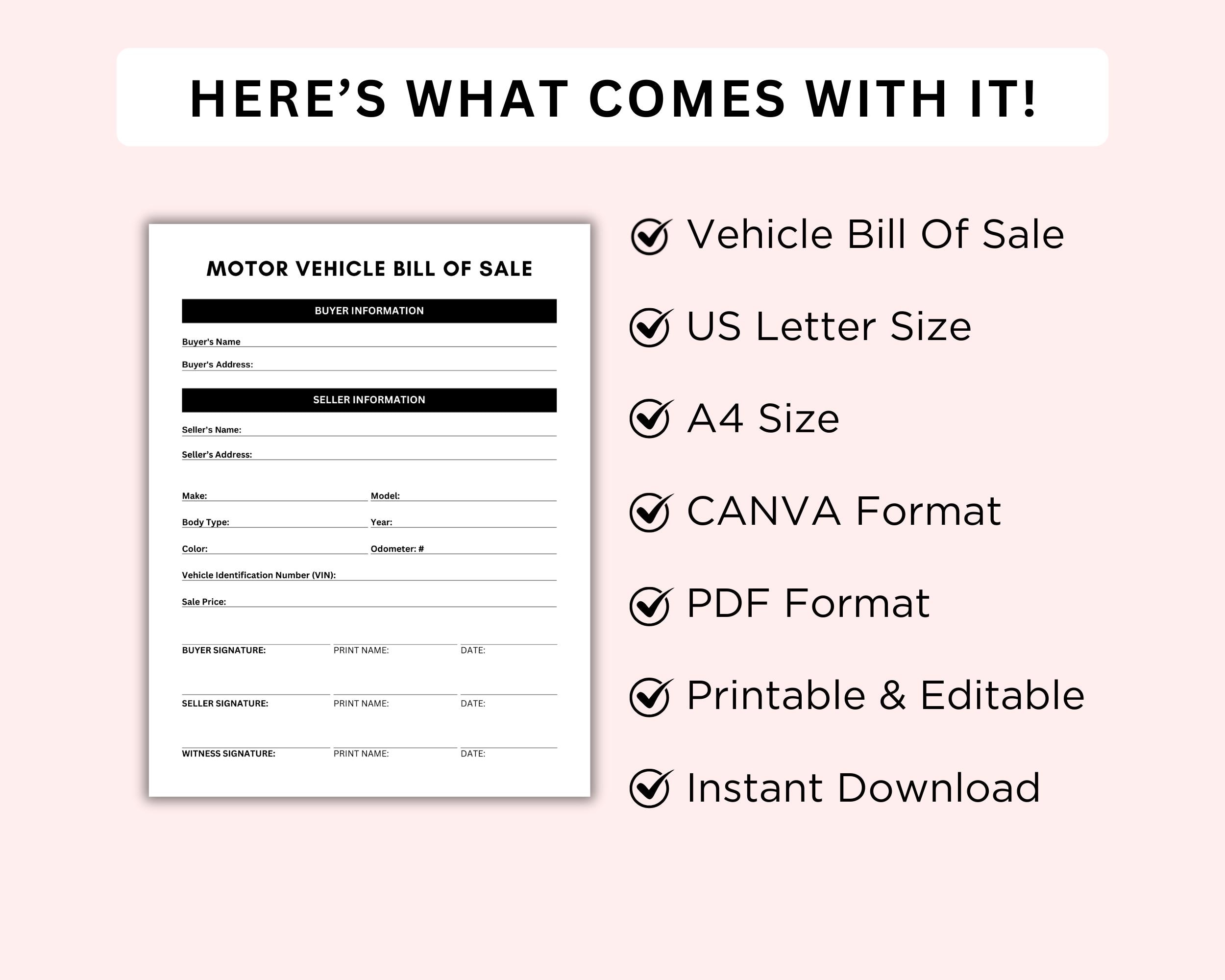 Printable Vehicle Bill of Sale Contract Template, Vehicle Bill of Sale ...
