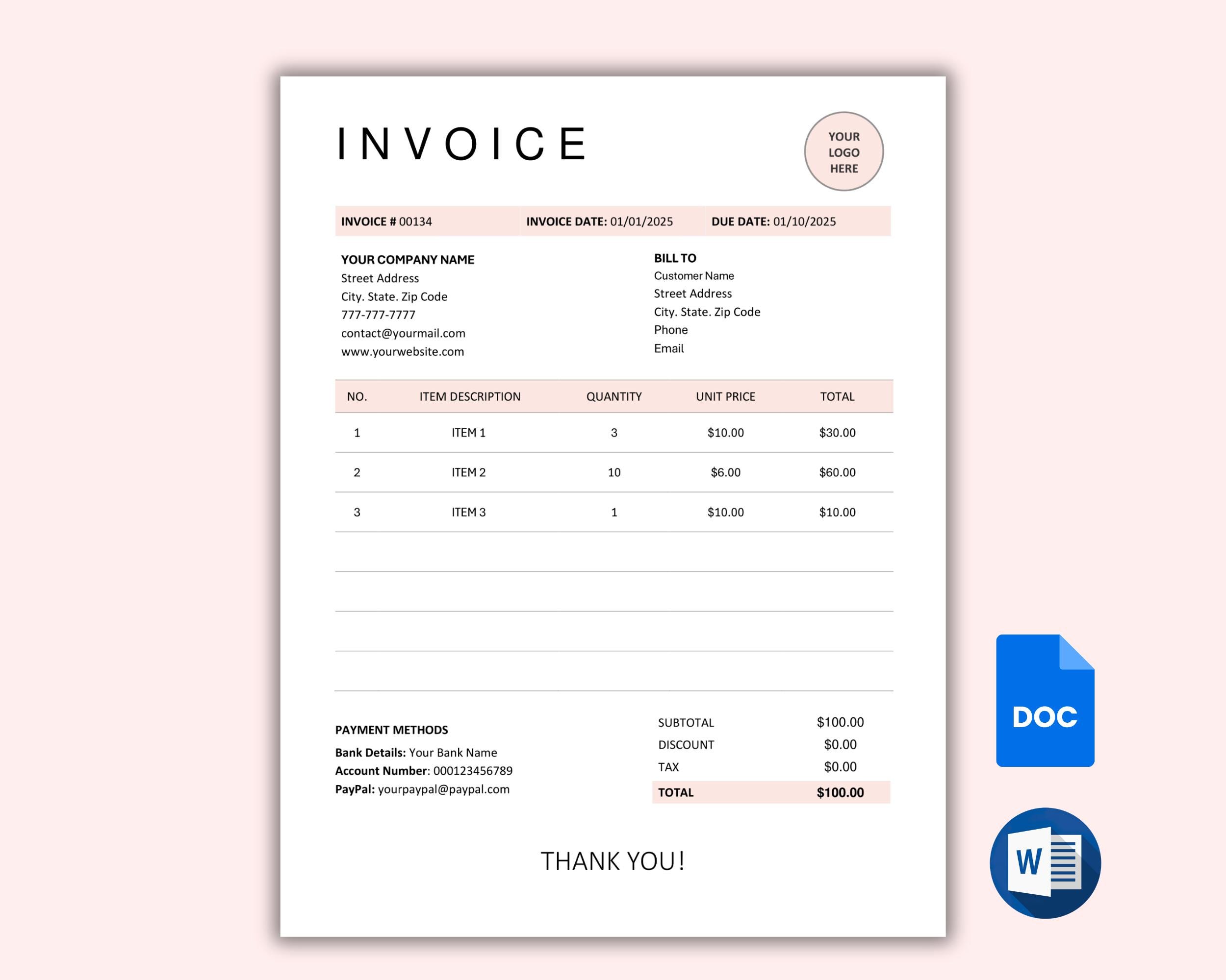 Editable Invoice Template. Small Business Billing Form. Printable ...