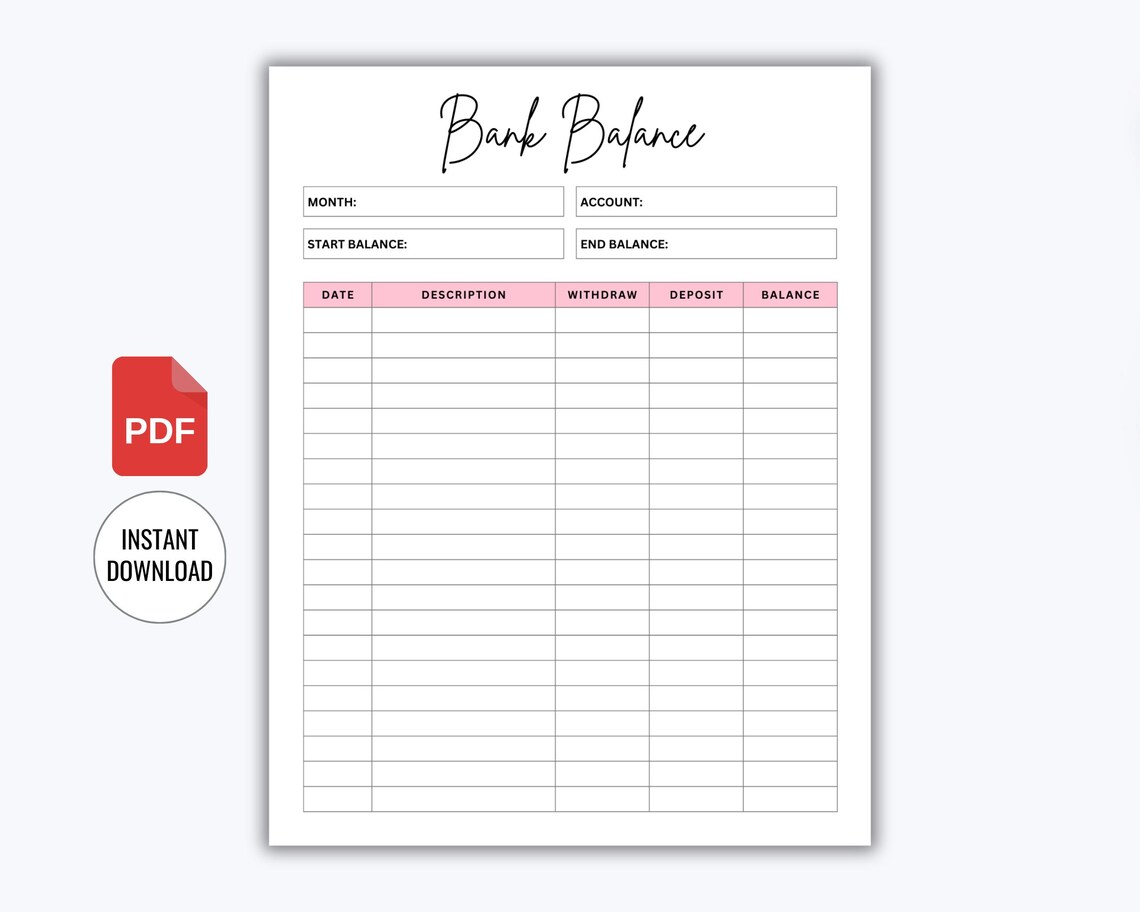 PRINTABLE Bank Balance PDF. Bank Account Log. Balance Sheet. Savings ...