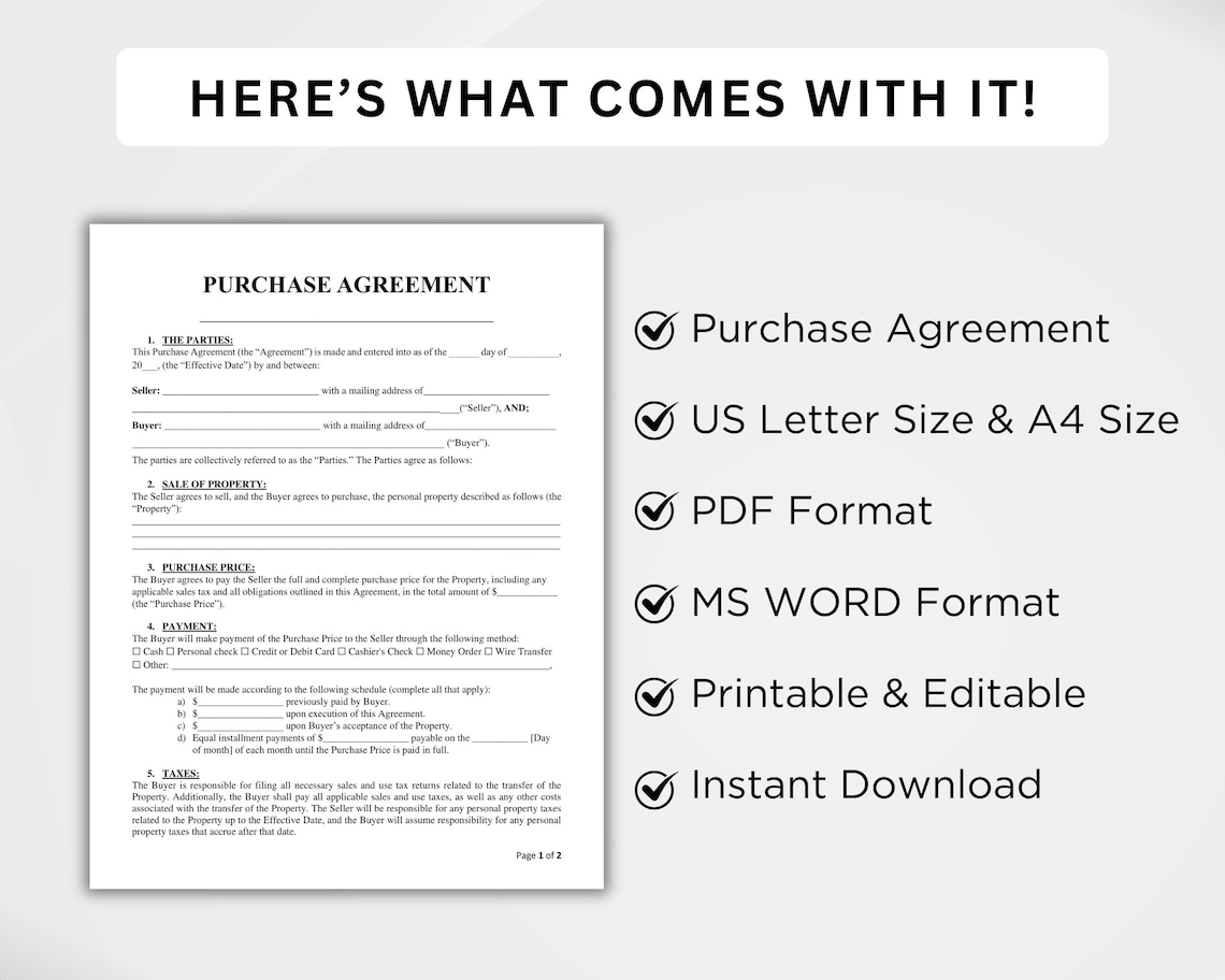 Printable Purchase Agreement Template, Editable Purchase and Sale ...